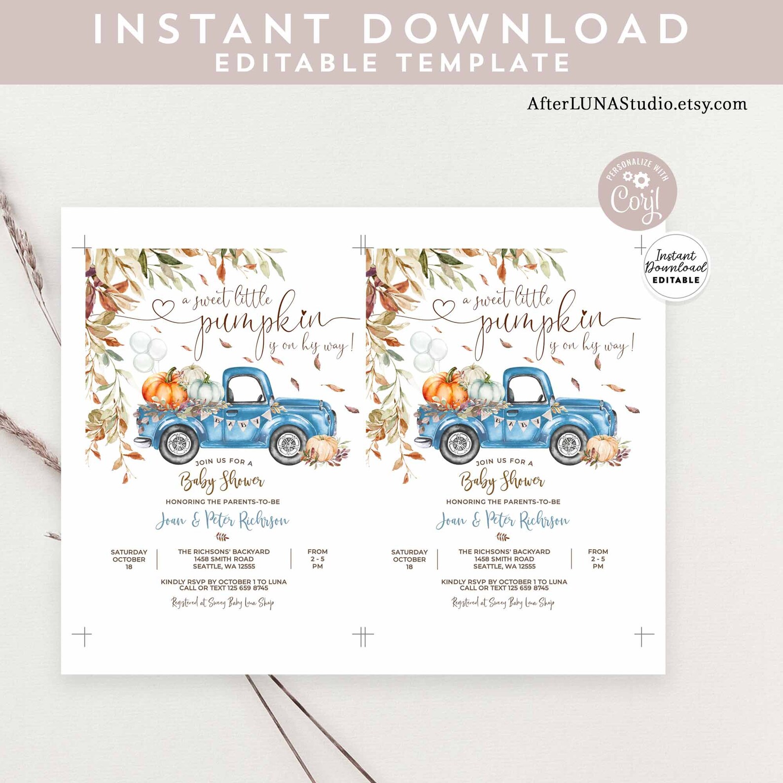 Editable Fall Blue Pumpkin Pickup Truck Baby Shower Baby - Etsy