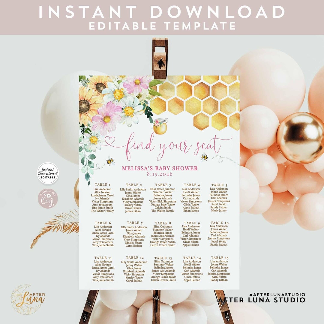 Editable Sunflower Pink Daisy Honey Bee Honeycomb Baby Shower Birthday ...