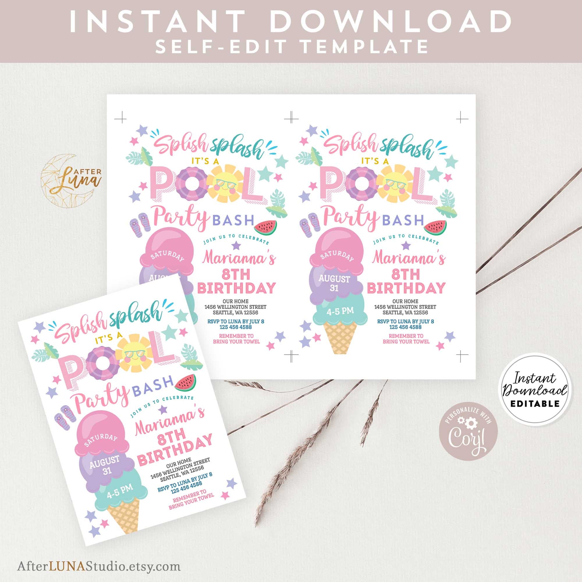 Editable Pool Party Invitation Girl Ice Cream Pool Party Invite Pool ...