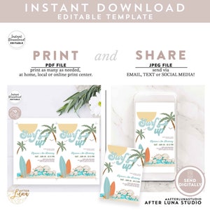 Editable ANY AGE Boy Surf Surfing Birthday Party Invitation Retro Boy ...