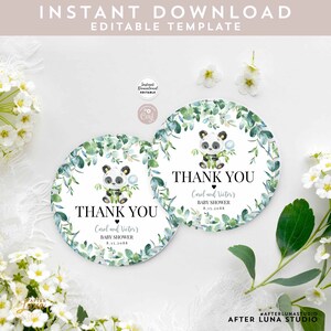 Editable Greenery Panda Boy Birthday Thank You Favor Round Circle Tag ...