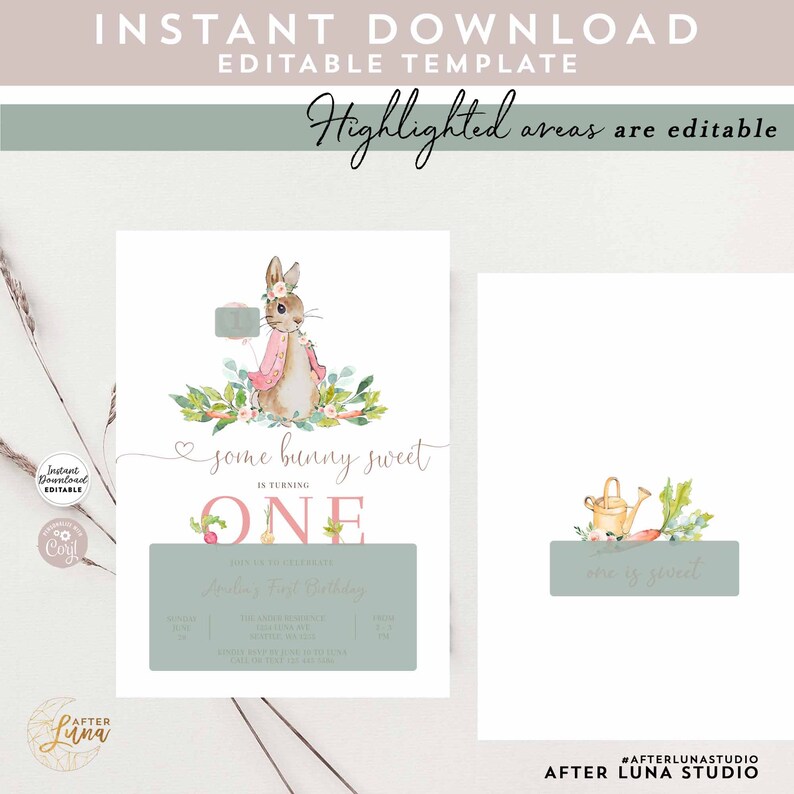 Editable Flopsy Bunny Pink Peter Rabbit Birthday Invitation - Etsy