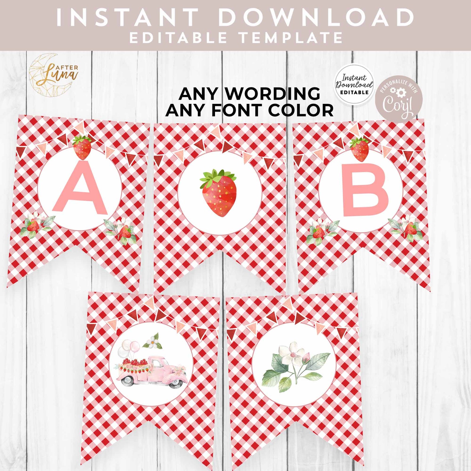 Editable ANY WORDING Pennant Banner 8.5x11" Berry Sweet Strawberry ...