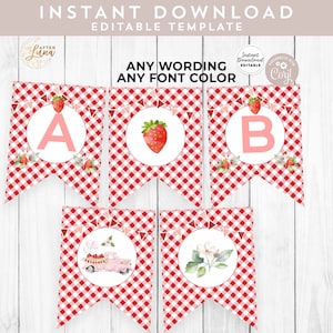 Editable ANY WORDING Pennant Banner 8.5x11" Berry Sweet Strawberry ...
