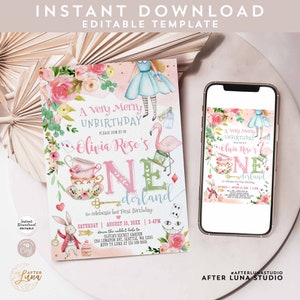 Editable Alice in Wonderland Merry Unbirthday Alice in Onederland 1st ...