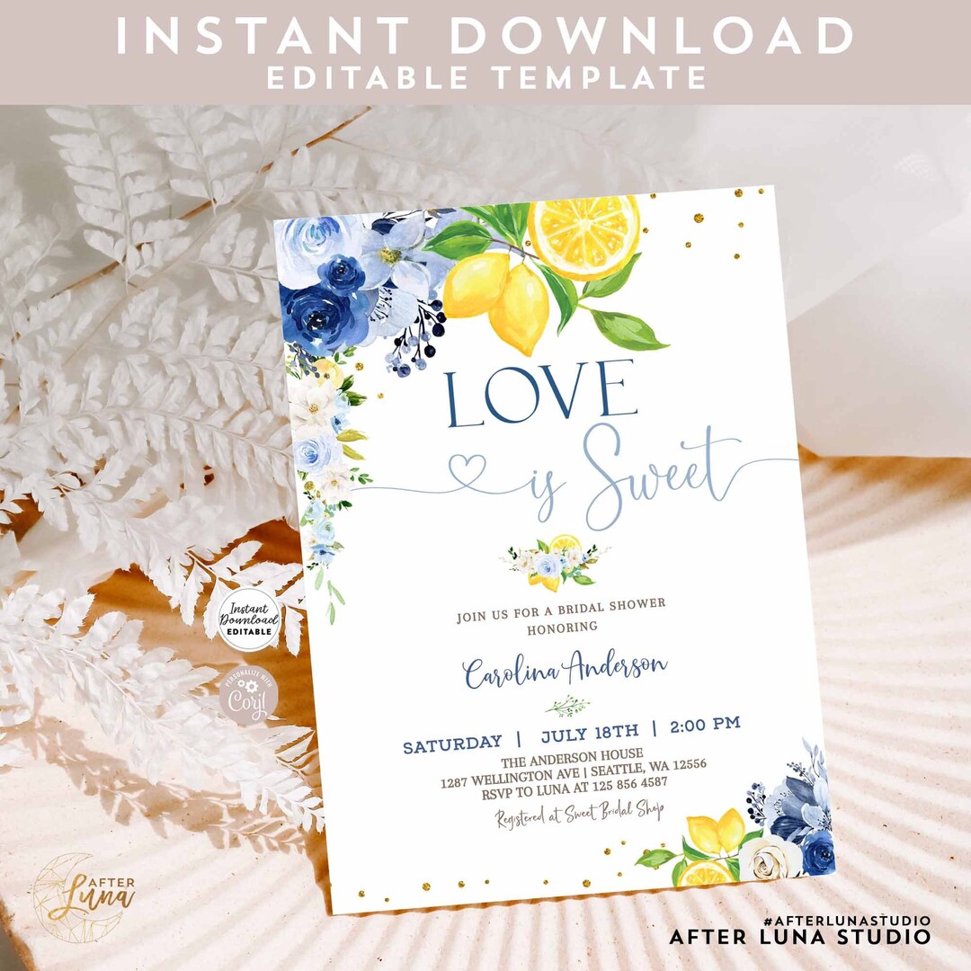 Editable Blue Lemon Bridal Shower Invitation Blue Floral Citrus Love is ...