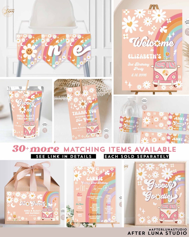 Editable Daisy Rainbow Pink Groovy Van TWO Groovy One Birthday - Etsy
