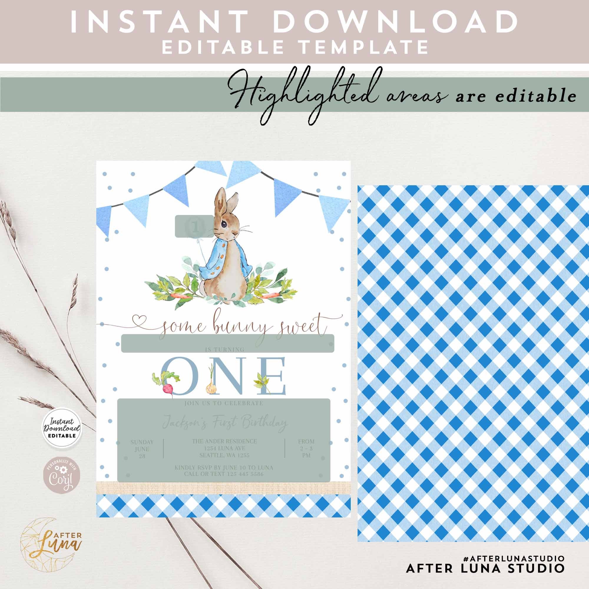 Editable 1st Birthday Peter Rabbit Birthday Invitation Boy 1st - Etsy
