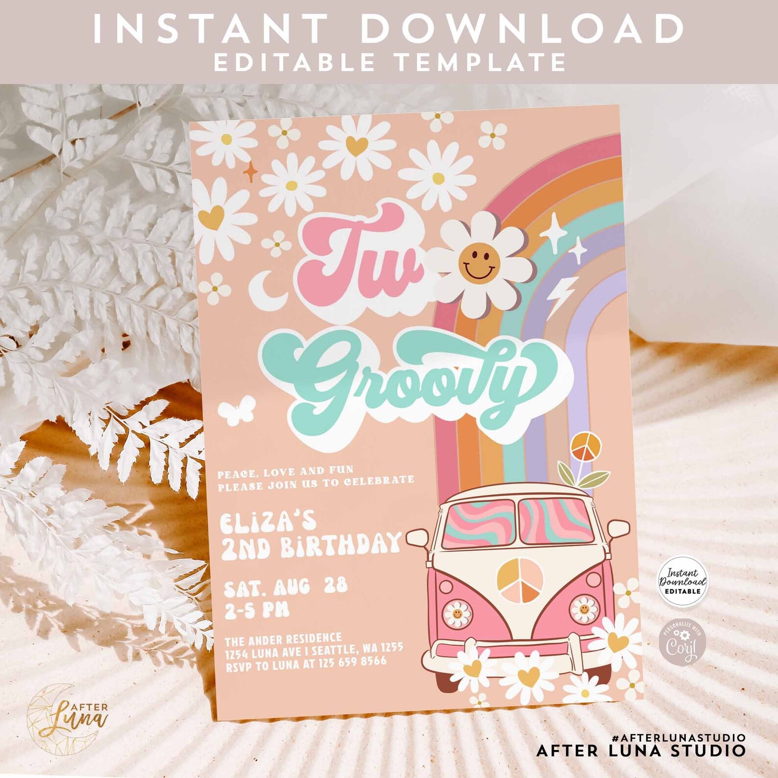 Editable Two Groovy Invite Groovy 2nd Birthday Invite Pink - Etsy