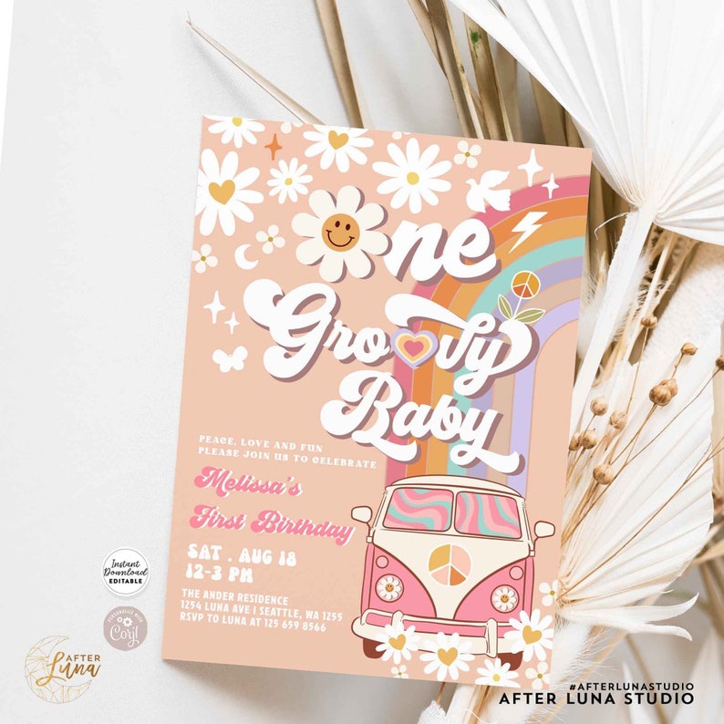 Editable Pink One Groovy Baby Daisy Rainbow Groovy Van 1st - Etsy