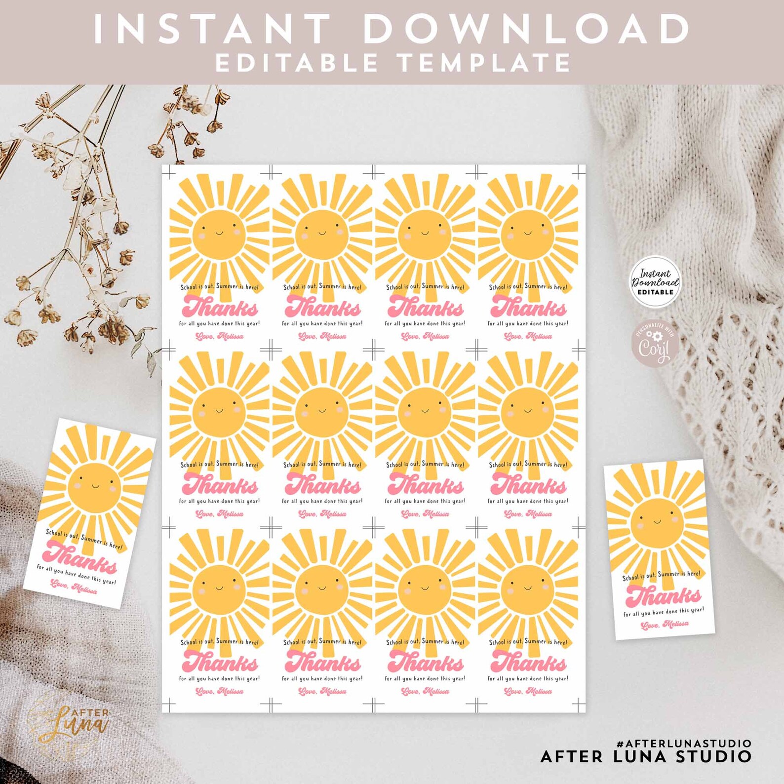 Editable Teacher Appreciation Gift Tags Girl Pink Sun Sunshine School ...