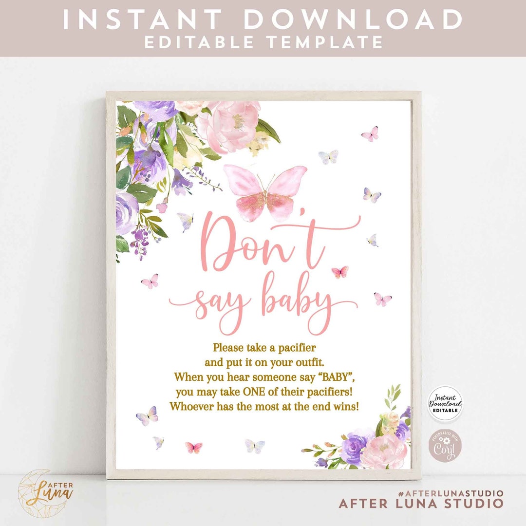 EDITABLE Pink Purple Butterfly Don't Say Baby Game Sign Butterfly Baby ...