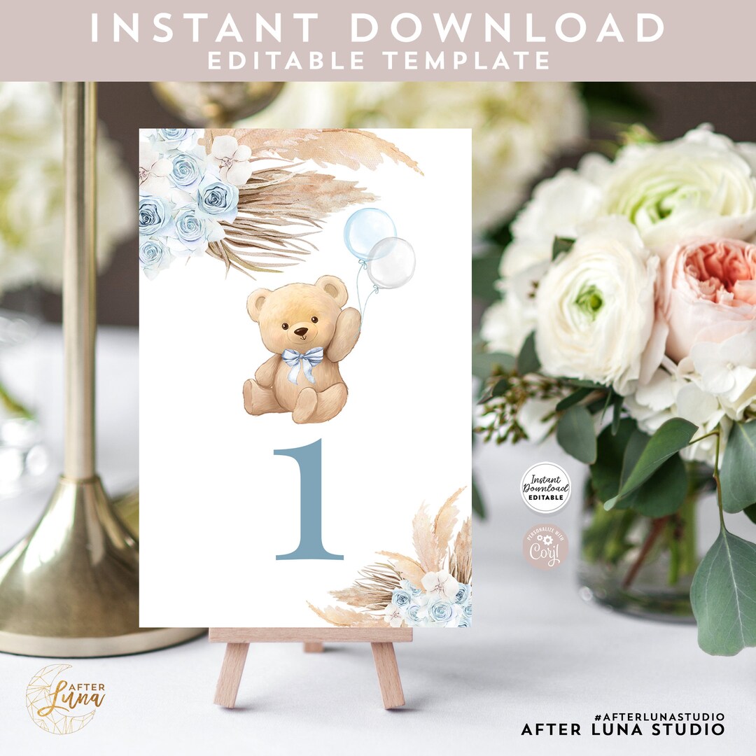 Editable Blue Pampas Grass Table Number Sign Teddy Bear Table Decor ...