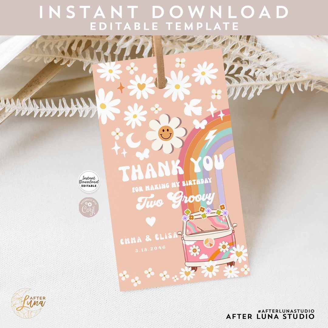 Editable ANY WORDING Groovy Pink Van Favor Thank You Favor Tag Daisy ...