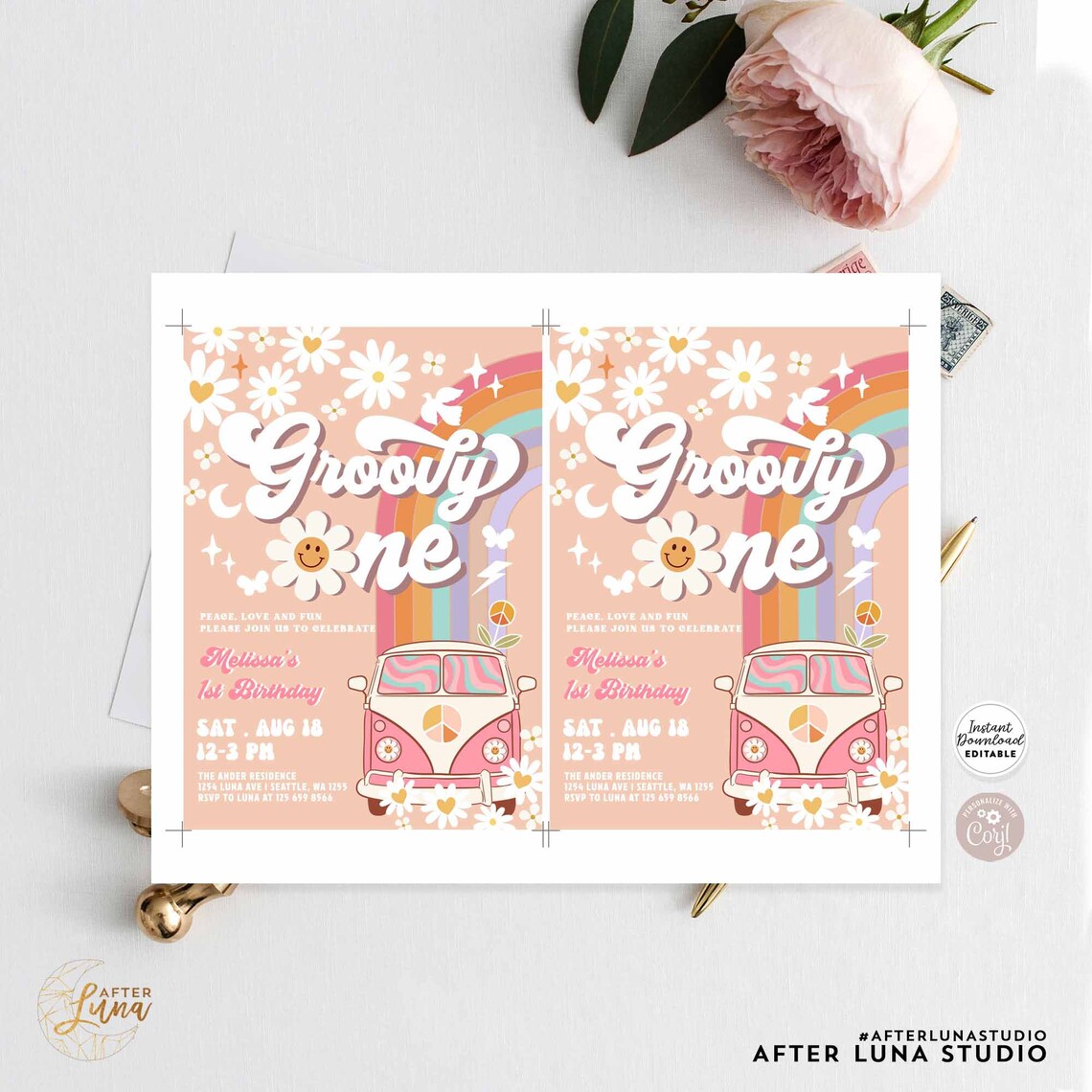 Editable Pink Daisy Rainbow Groovy Van Groovy ONE 1st Birthday - Etsy