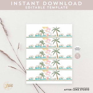 Editable Surfboard Beach Water Bottle Label Girl the Big One Surf up ...