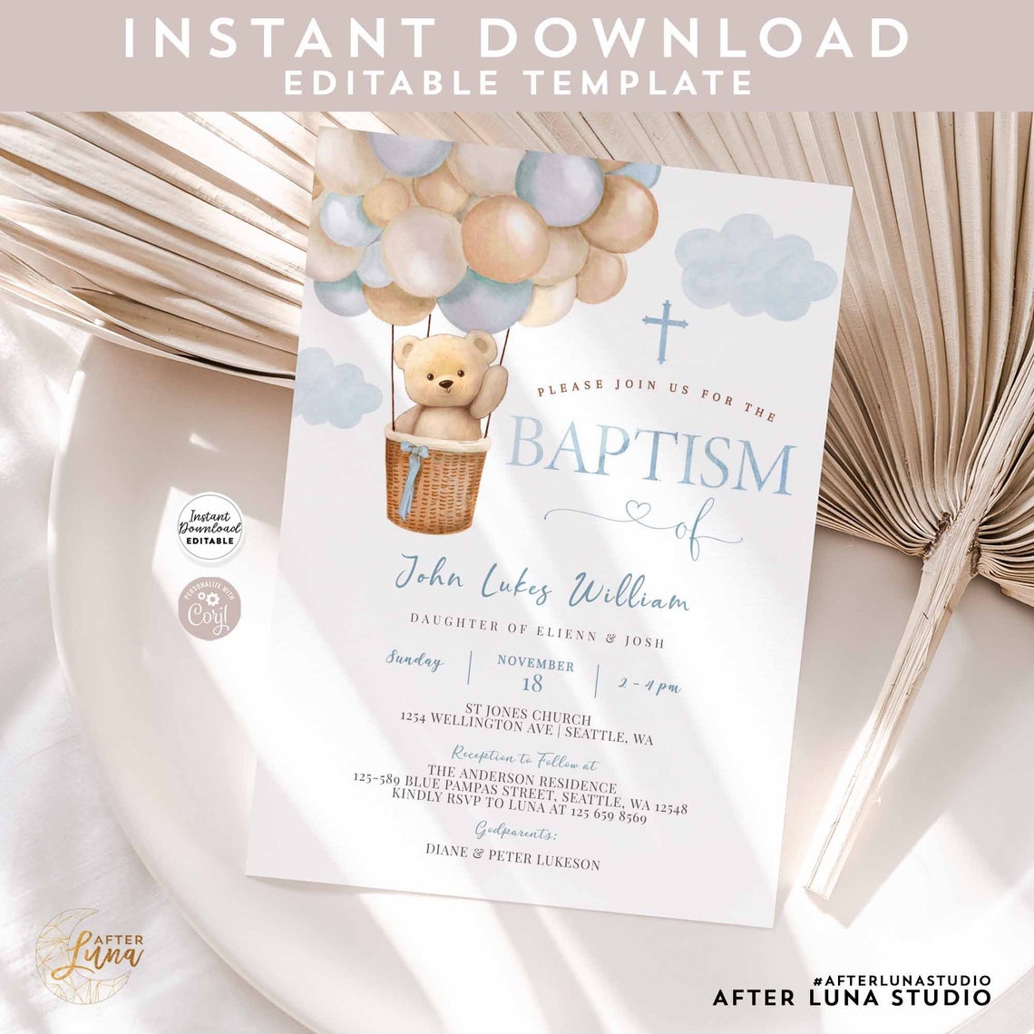Editable Baptism Blue Boy Teddy Bear Hot Air Balloon Baptism Invitation ...