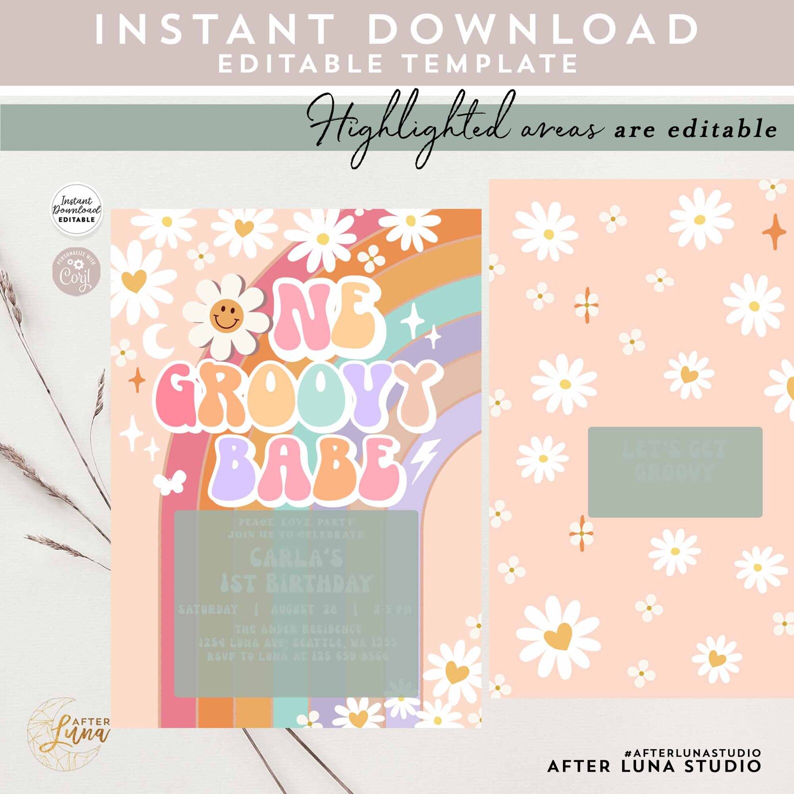Editable One Groovy Babe Invite Daisy Rainbow Groovy 1st Birthday ...