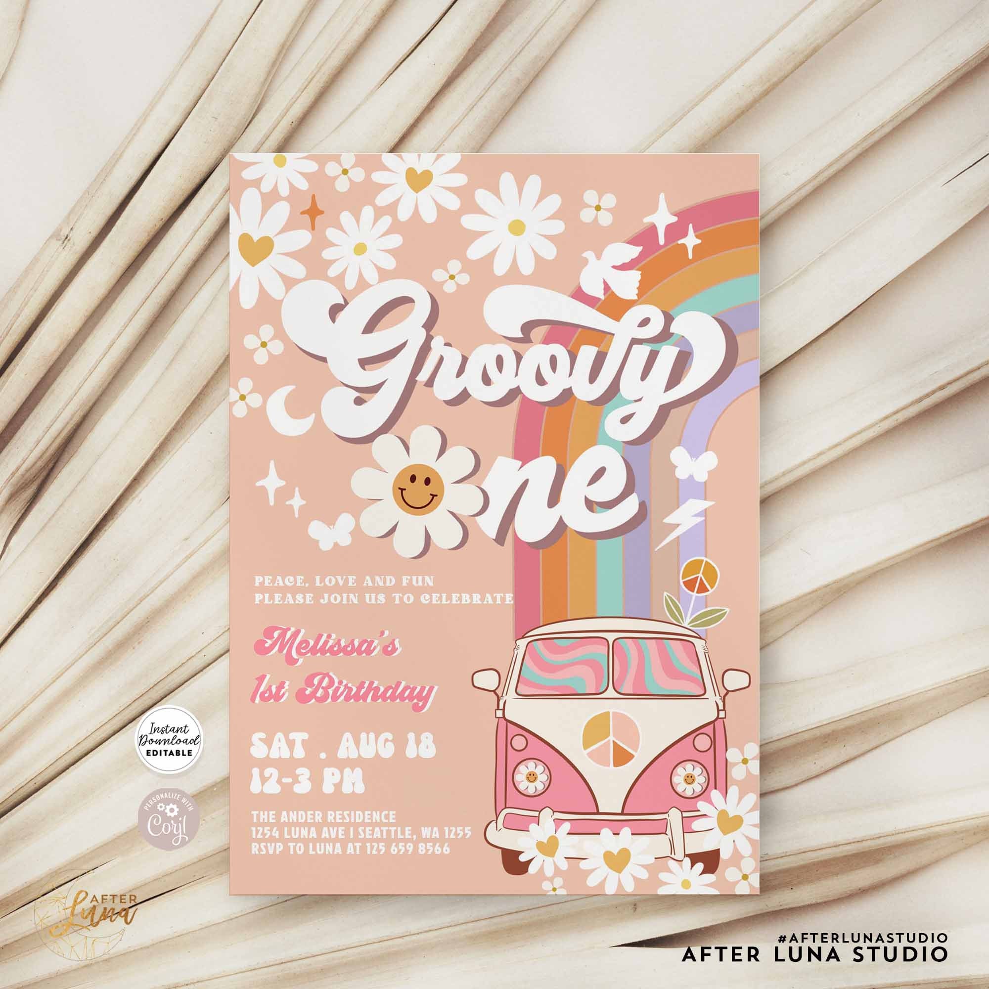 Editable Pink Daisy Rainbow Groovy Van Groovy ONE 1st Birthday - Etsy
