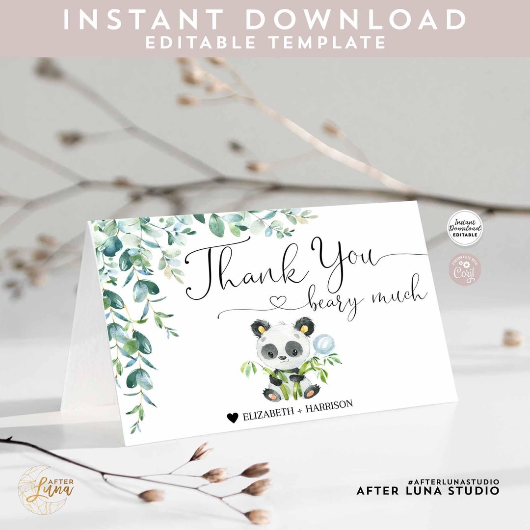 Editable Panda Greenery Bear Thank You Beary Much Folded Card Baby ...