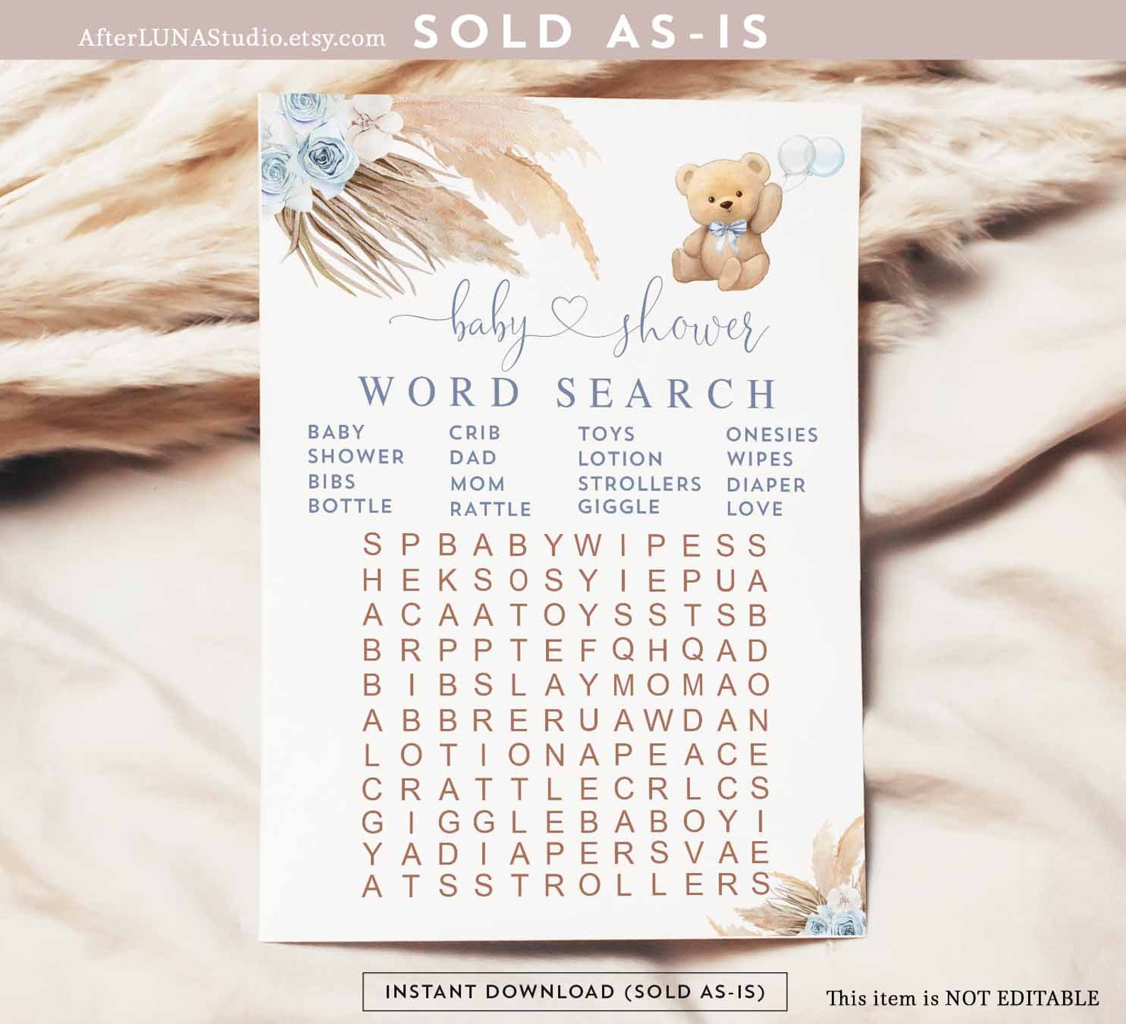 Blue Pampas Grass Boy Teddy Bear Baby Word Search Game Boho We Can ...