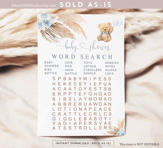 Blue Pampas Grass Boy Teddy Bear Baby Word Search Game Boho We - Etsy