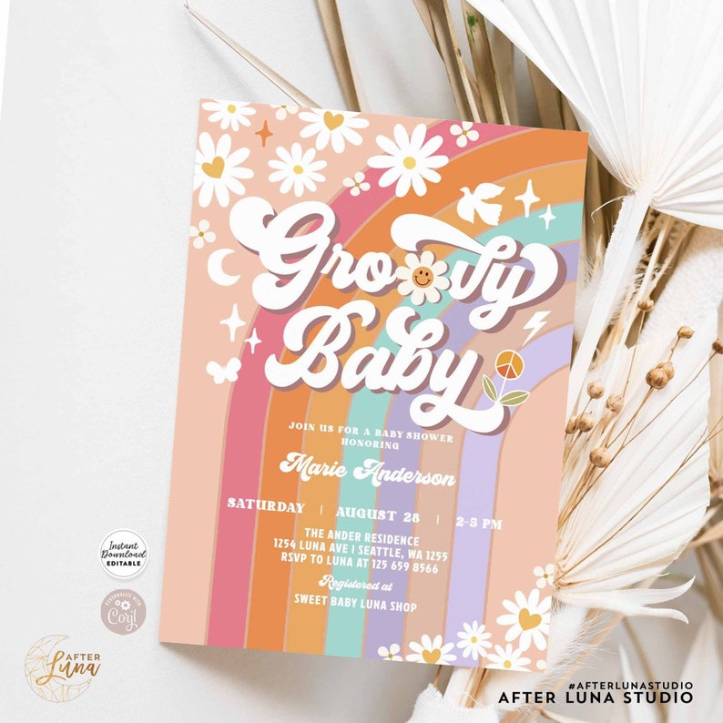Editable Groovy Baby Invitation Pink Daisy Rainbow Hippie - Etsy