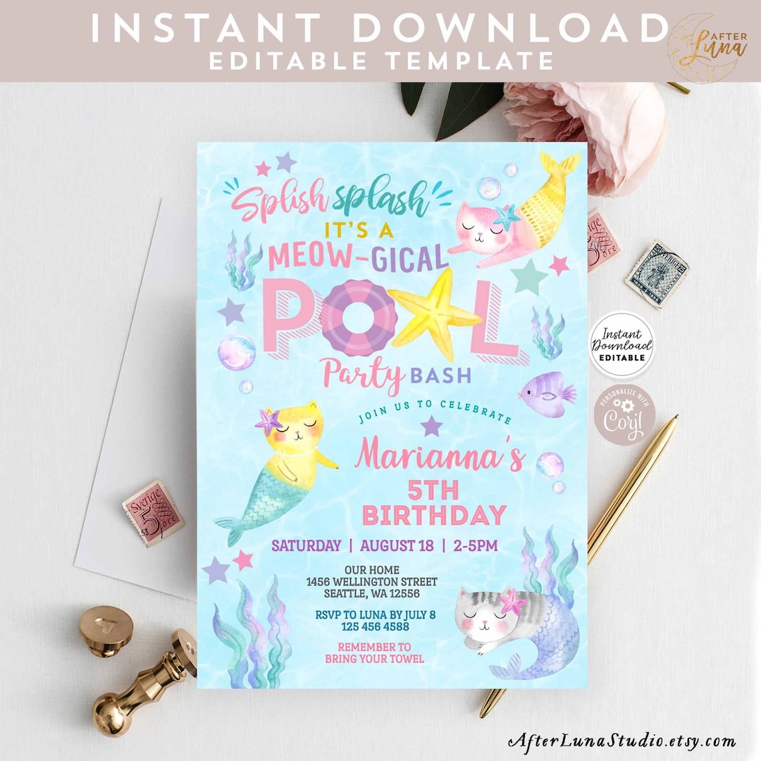 Editable Pool Party Invitation Girl Cat Mermaid Pool Party Invite ...