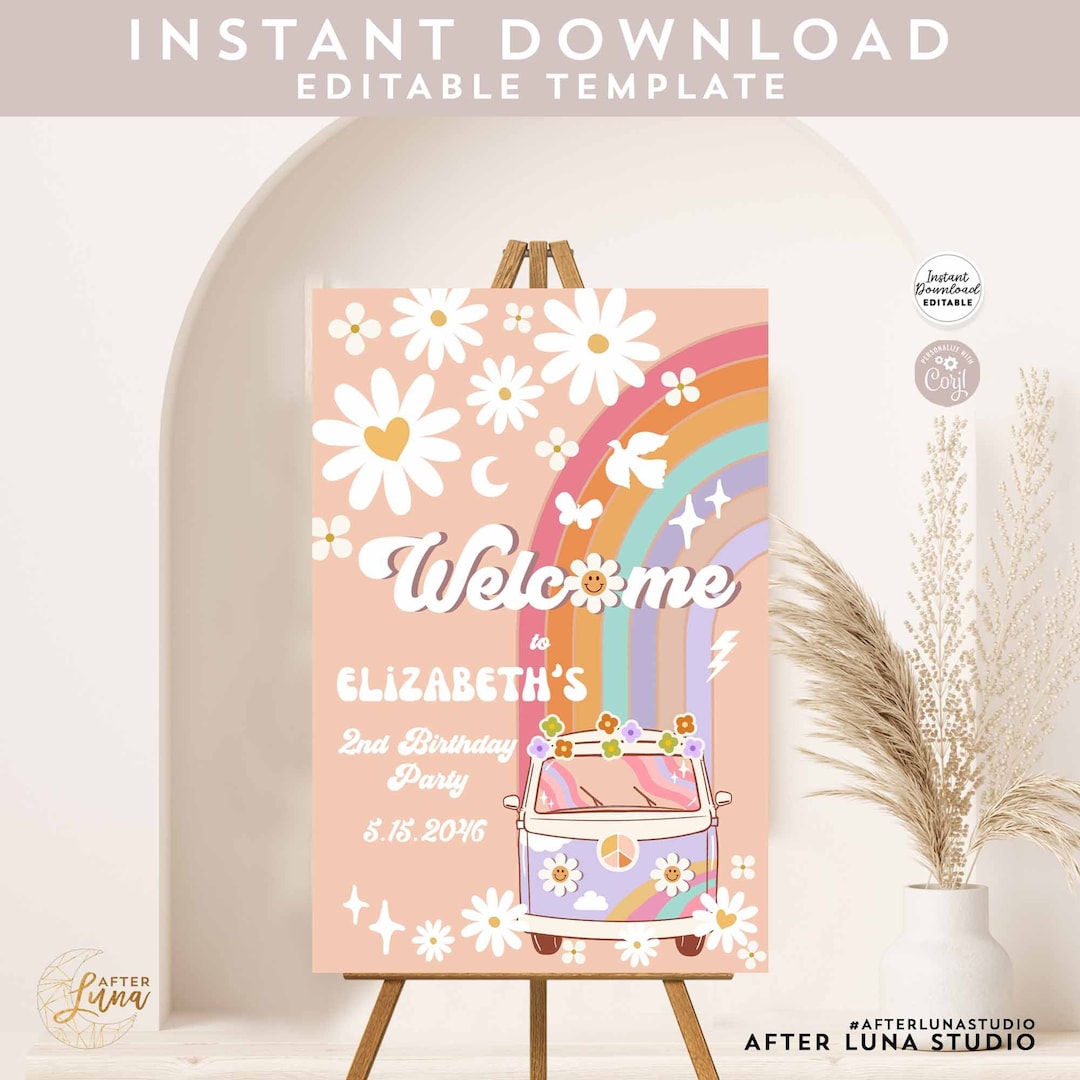Editable Groovy Purple Van Party Decor Welcome Sign Daisy Groovy ...