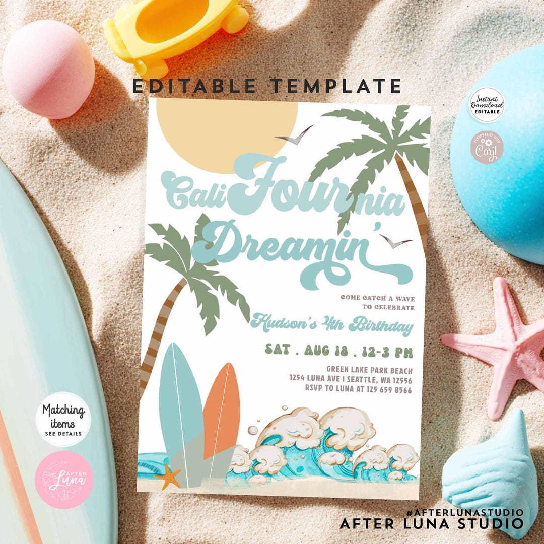 Editable Boy Surfing Califournia Dreamin’ 4th Birthday Invitation Blue ...