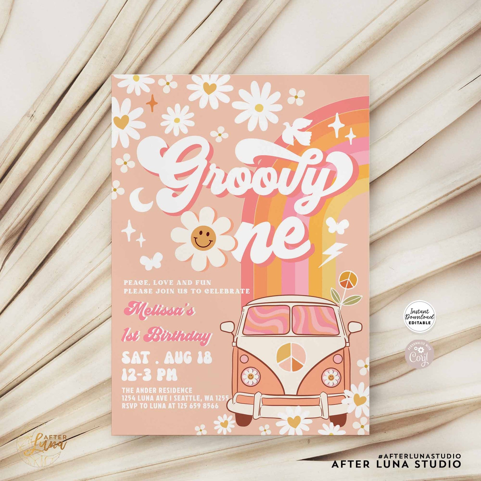 Editable Groovy One Van Peach Daisy Rainbow Groovy Van 1st | Etsy