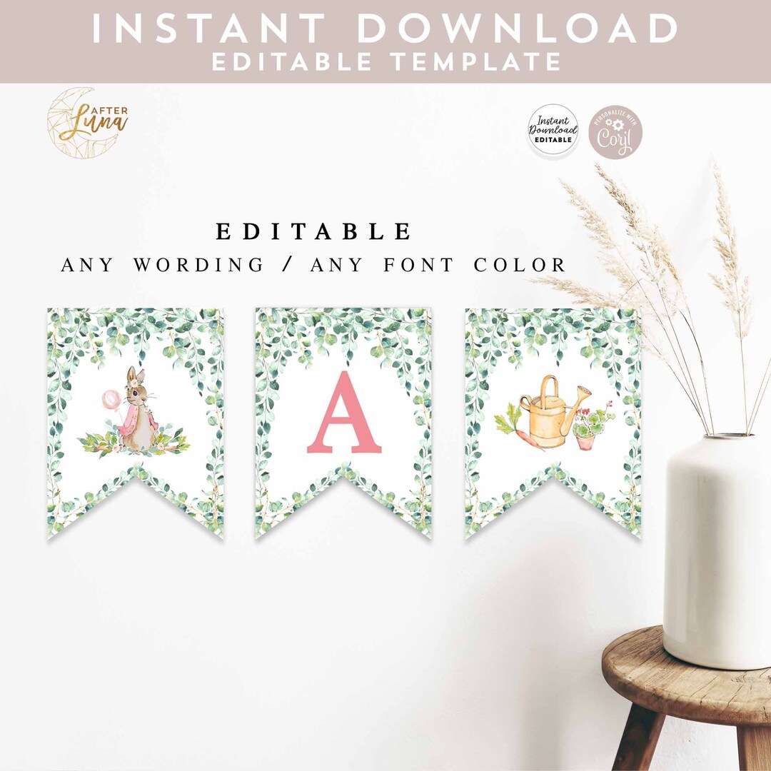 Editable ANY WORDING Flopsy Bunny Pink Peter Rabbit Pennant Banner 8 ...