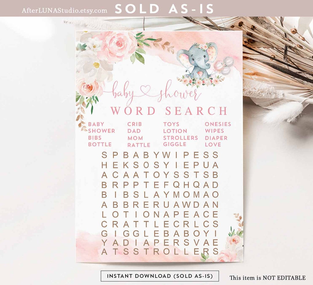 Blush Pink Elephant Baby Word Search Game Little Peanut Girl Elephant ...