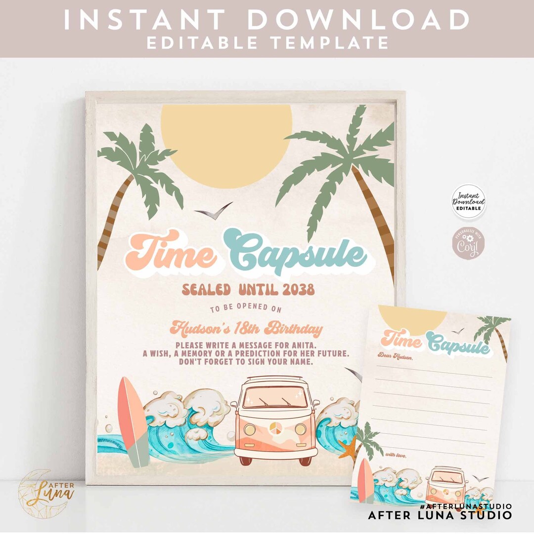 Editable Blue Peach the Big One Beach Surf Surfing Birthday Time ...