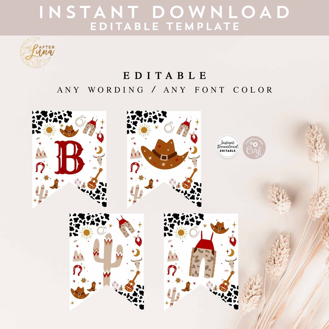 Editable ANY WORDING Cowboy Rodeo Boy Ranch Wild West Birthday Pennant ...