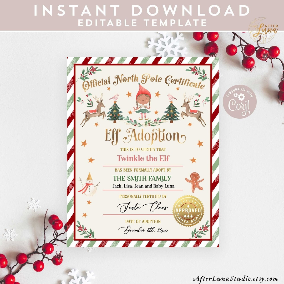 EDITABLE Girl Elf Adoption Certificate Editable Printable Elf Adoption ...