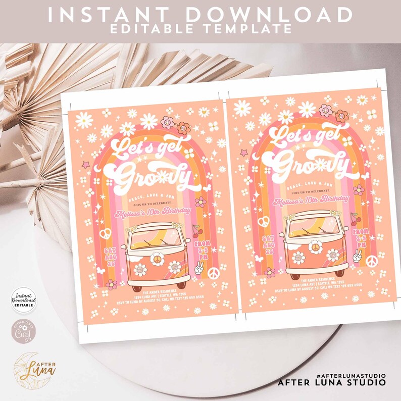 Editable ANY AGES Lets Get Groovy Van Bus Birthday Invite Daisy Hippie ...
