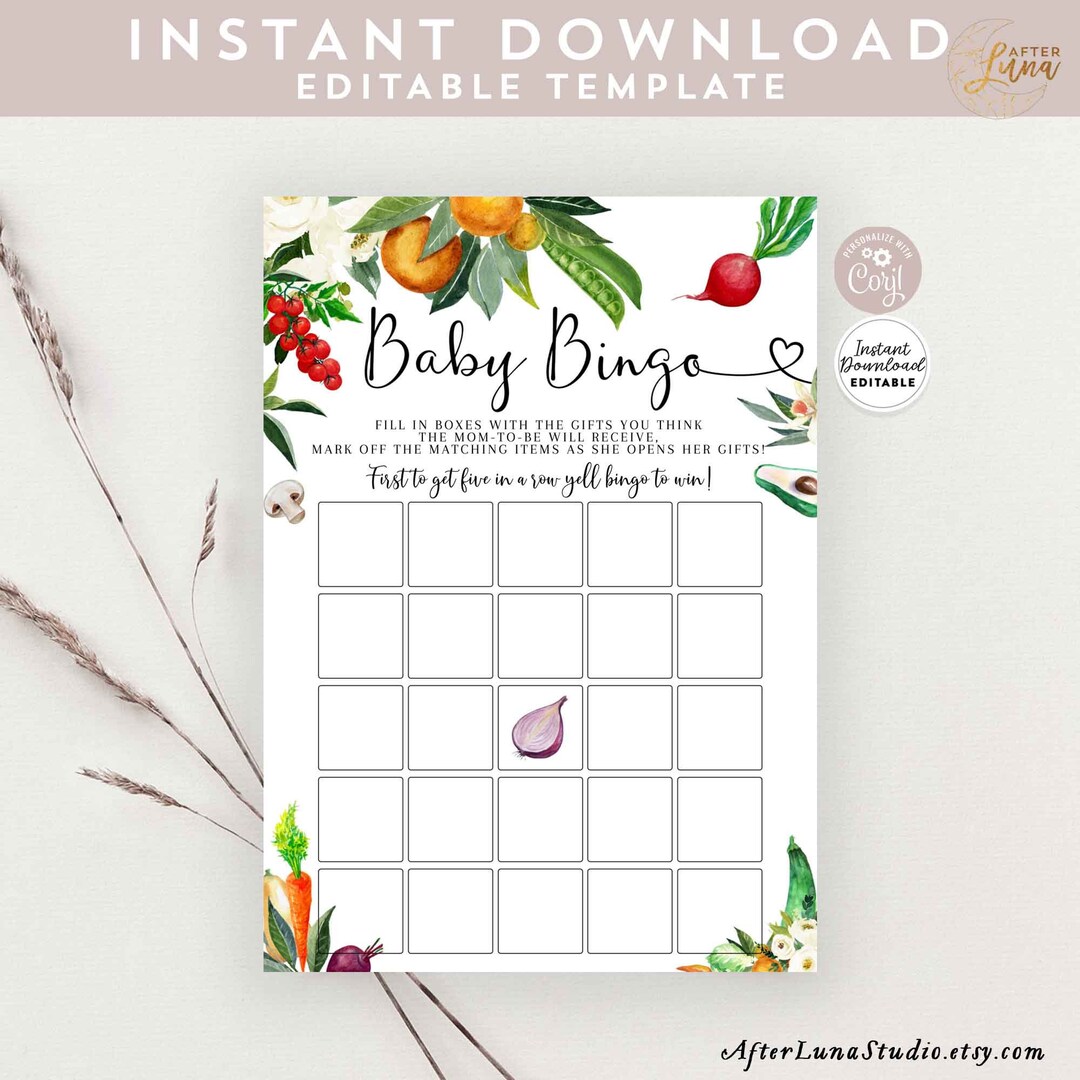 EDITABLE Locally Grown Farm Farmers Market Bingo Game Card Baby Shower ...