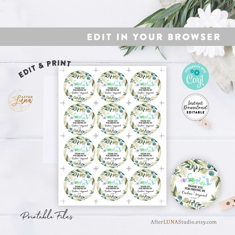 Editable 2.5" Dinosaur Drive by Shower Stickers Digital Printable ...
