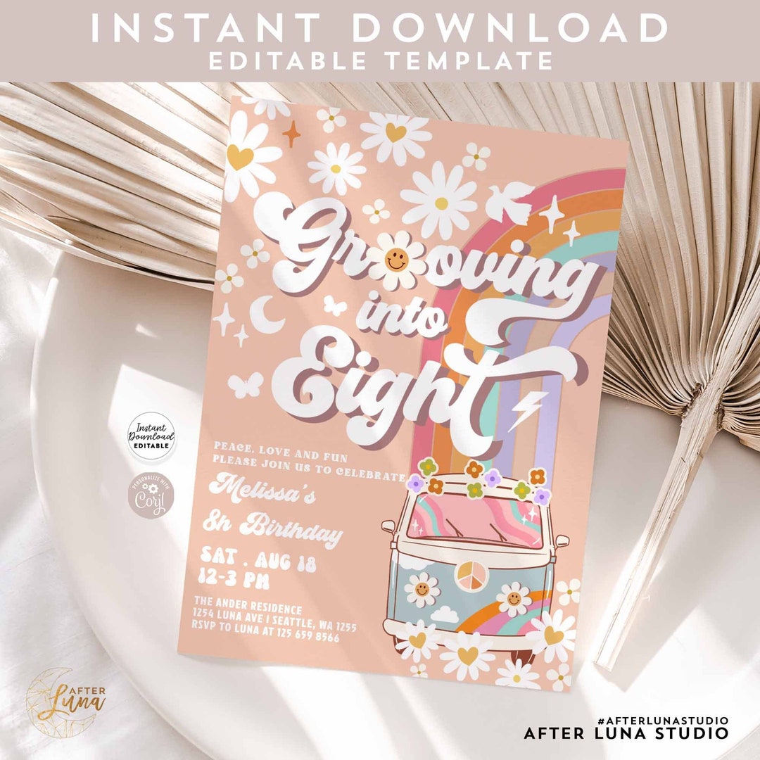 Editable Blue Daisy Rainbow Groovy Van Grooving Into EIGHT 8th Birthday ...