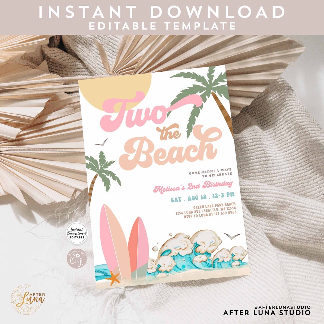 Editable Girl TWO the BEACH Surfing 2nd Birthday Party Invitation Pink ...