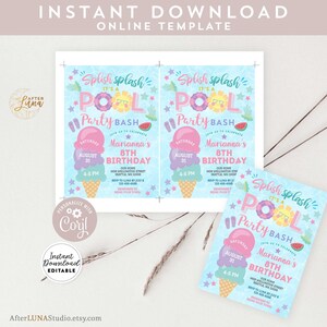 Editable Pool Party Birthday Invitation Ice Cream Pool Party Invite ...
