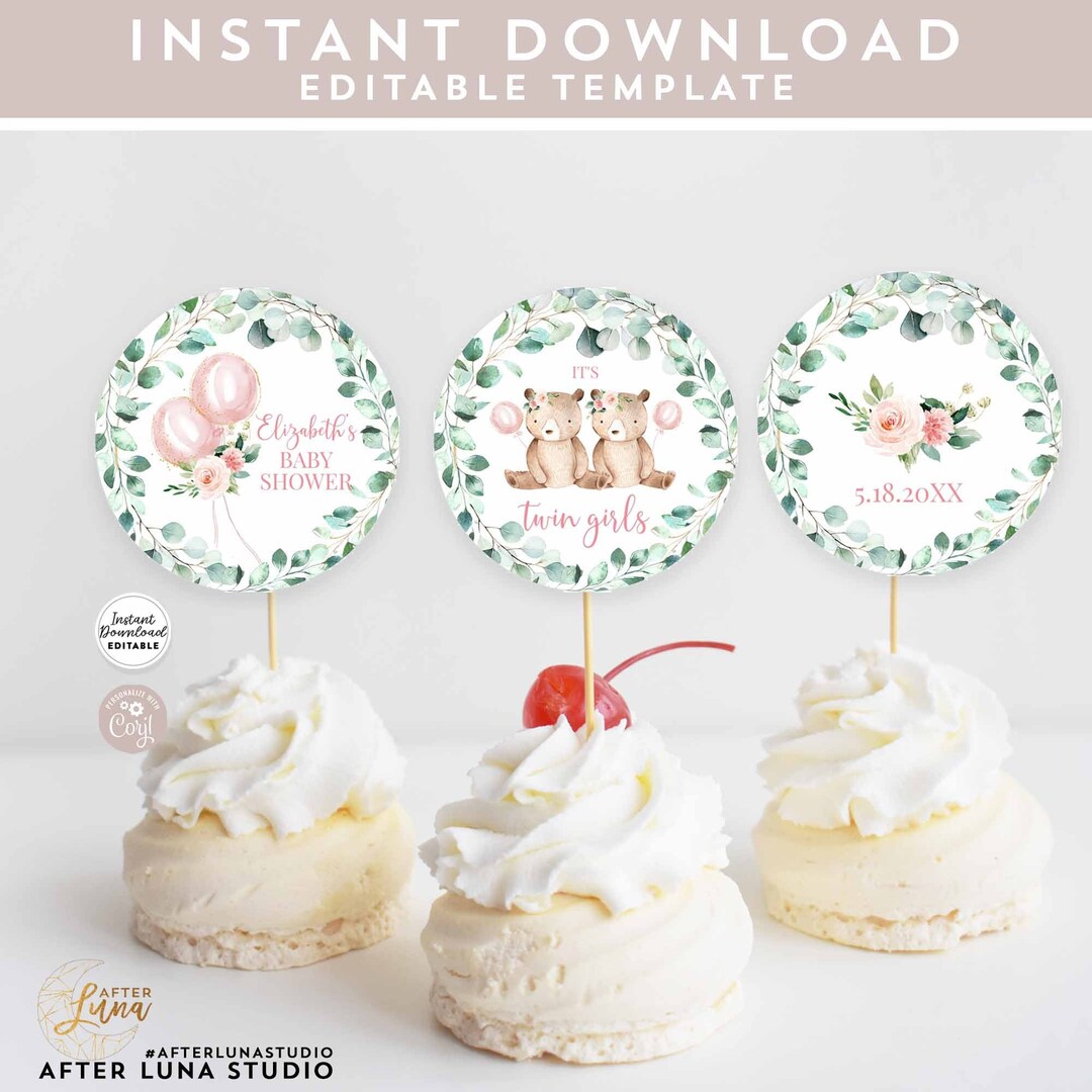 Editable TWIN GIRLS Pink Teddy Bear 2" Cupcake Toppers Baby Shower ...