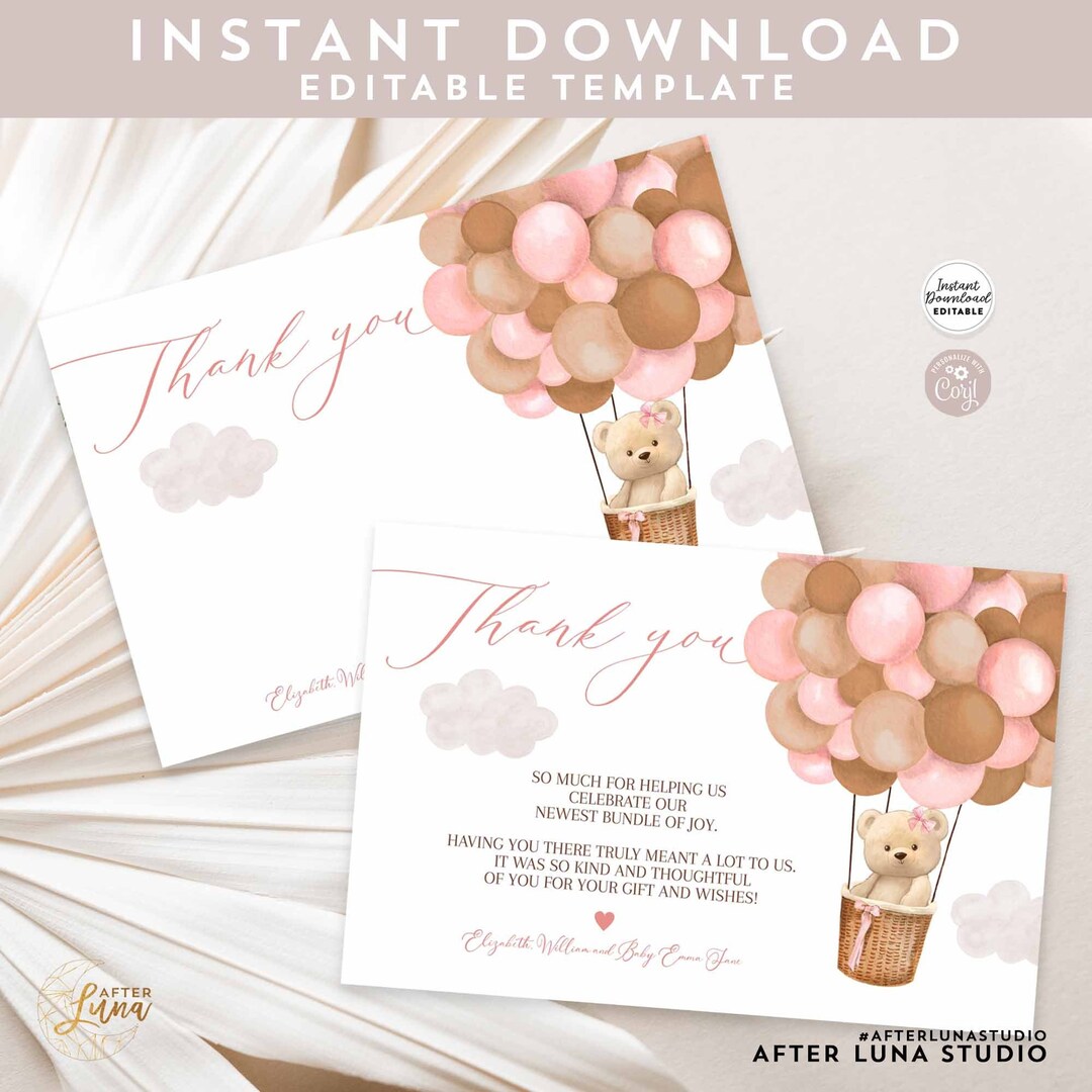 Editable Pink Tan Girl Thank You Flat Card Teddy Bear Hot Air Balloon ...