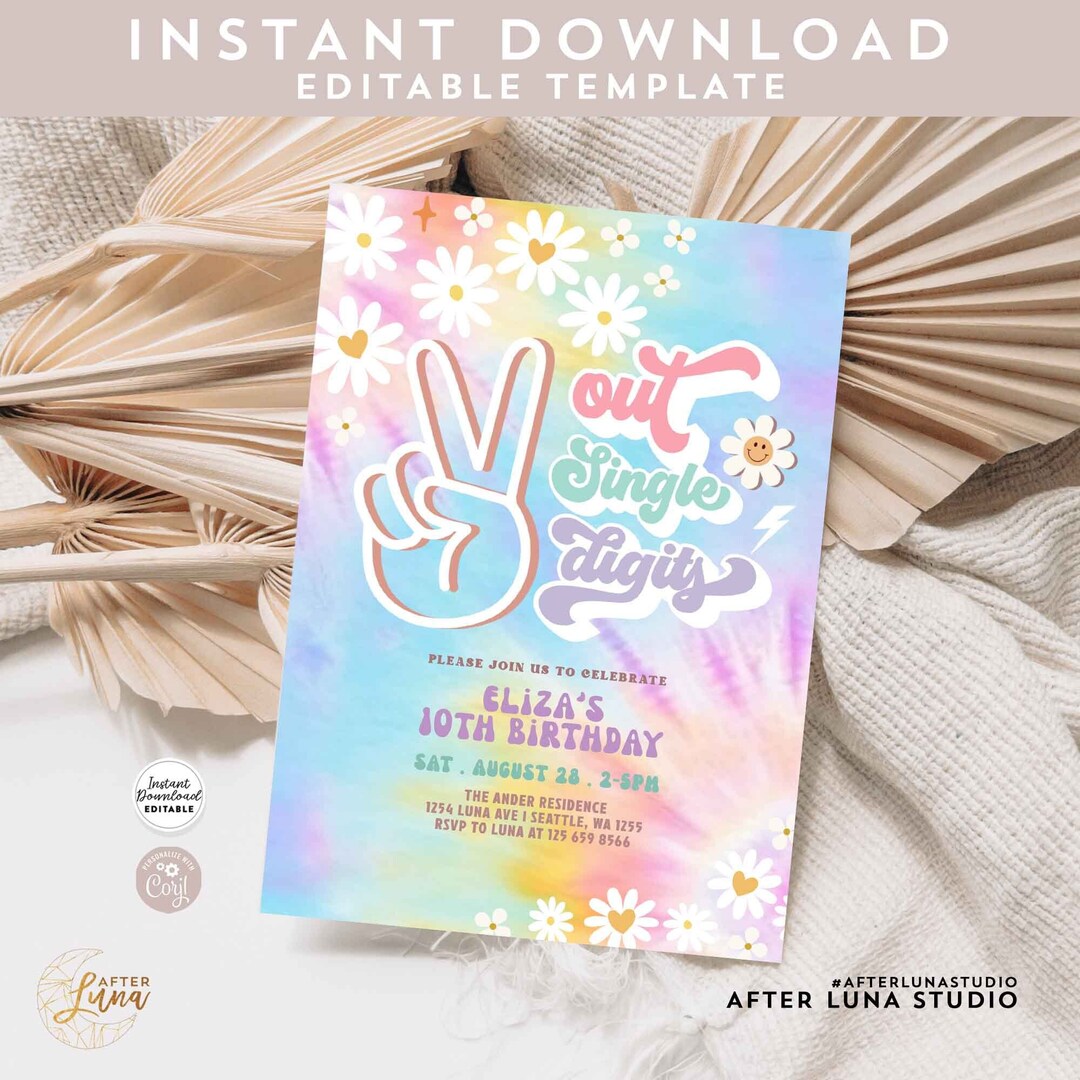 Editable Tie Dye Birthday Invitation Peace Out Single Digits Groovy ...