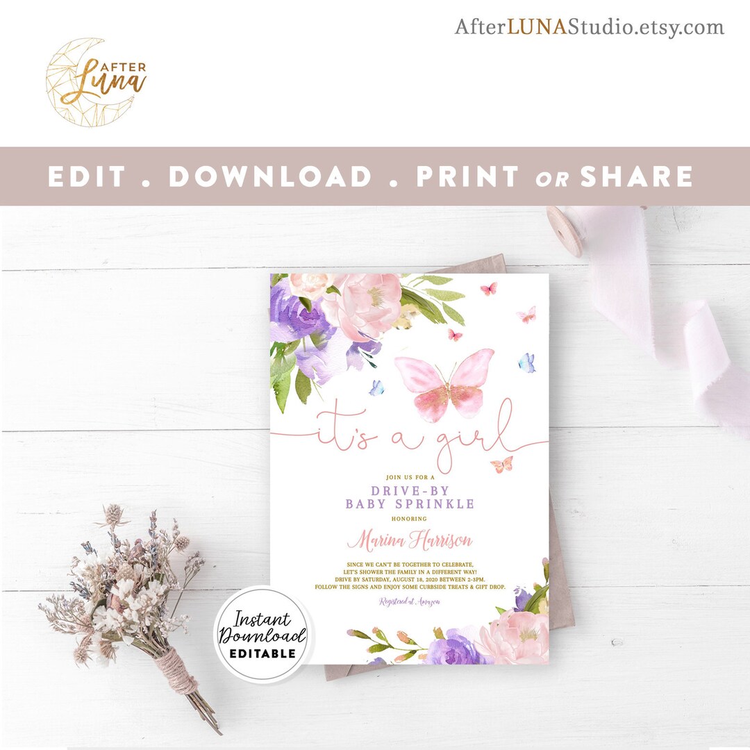 Editable Butterfly Drive by Baby Sprinkle Shower Invitation Girl Blush ...