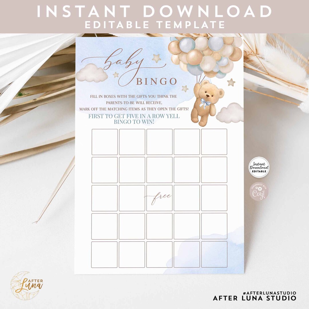 Editable Boy Blue Teddy Bear Air Balloon Bear Baby Bingo Game Boho We ...