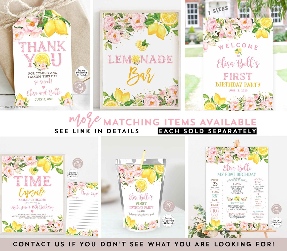 Editable Lemonade First Birthday Invitation Pink Lemon - Etsy