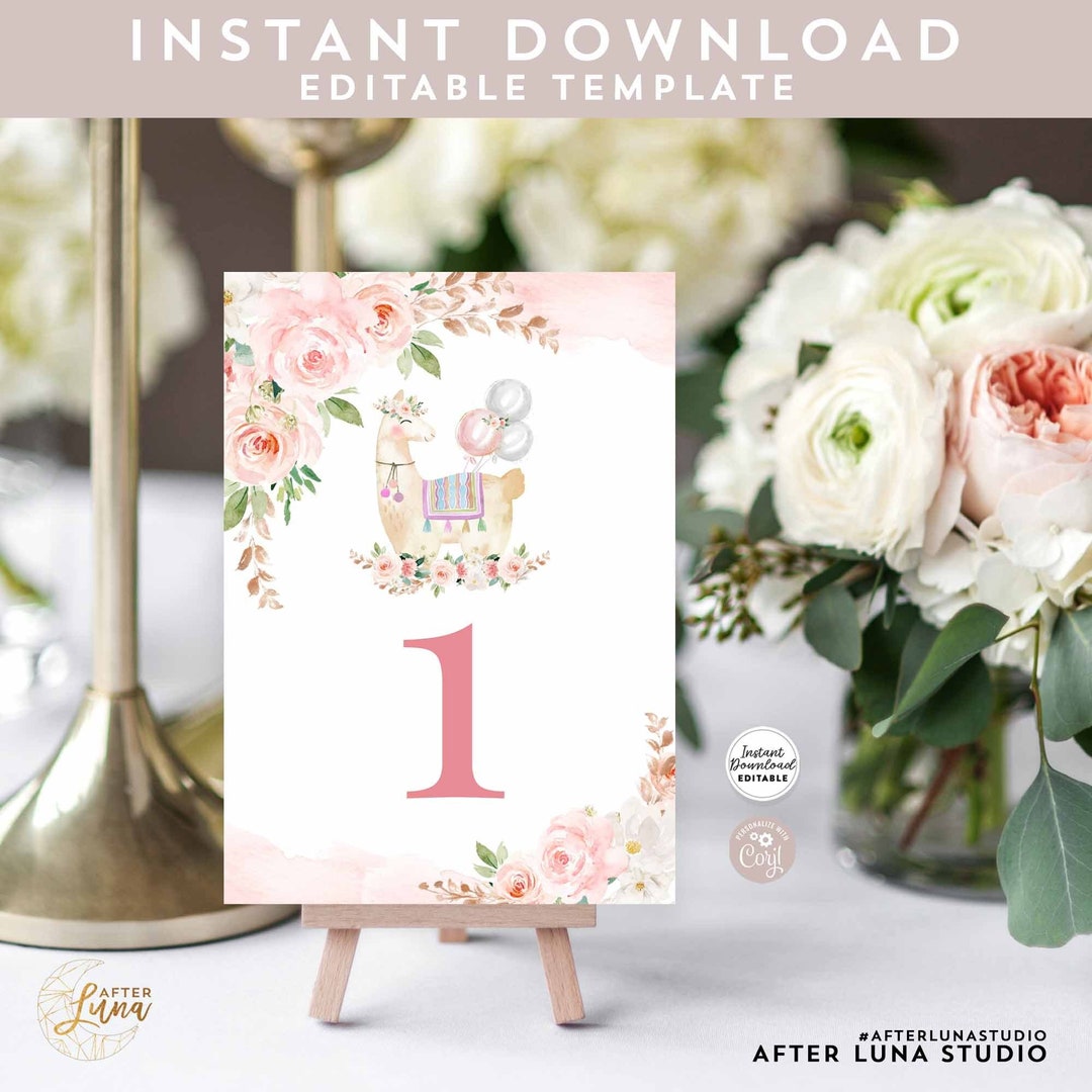 Editable Pink Llama Blush Pink Rose Gold Table Number Baby Shower ...