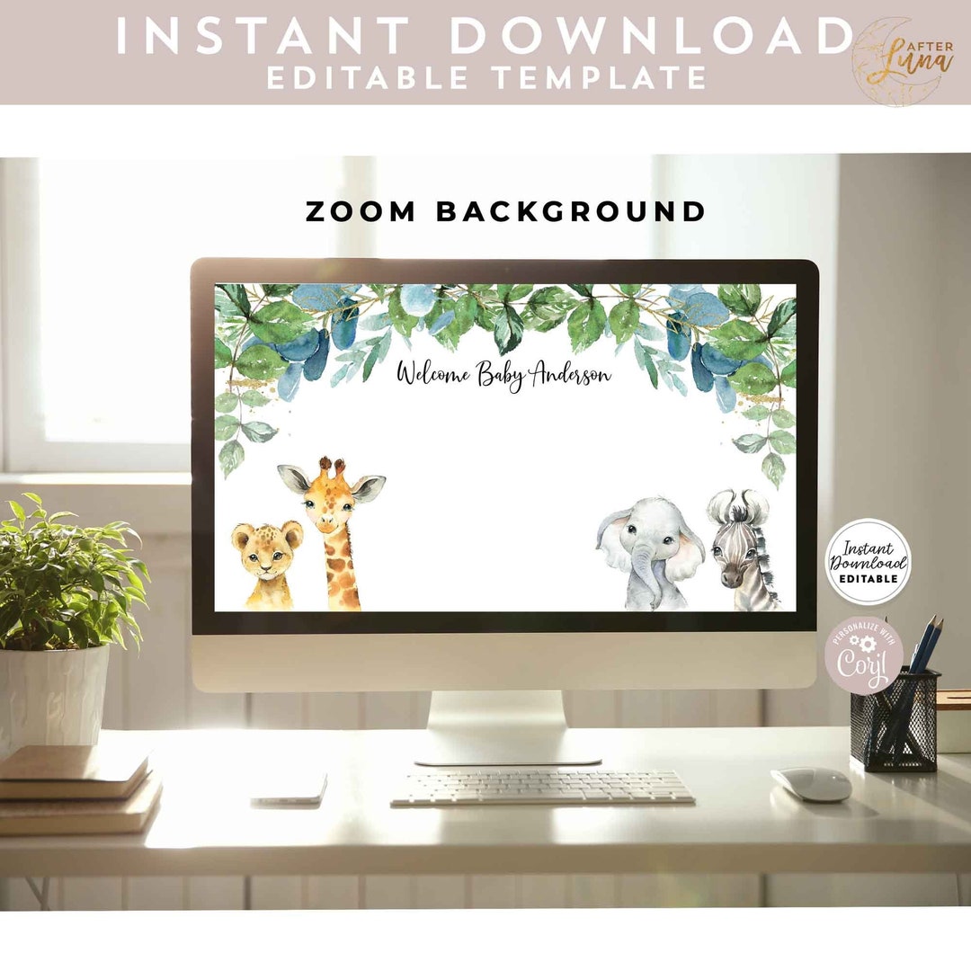 Editable Safari Animal Zoom Background Oh Baby Shower Sprinkle Gender ...